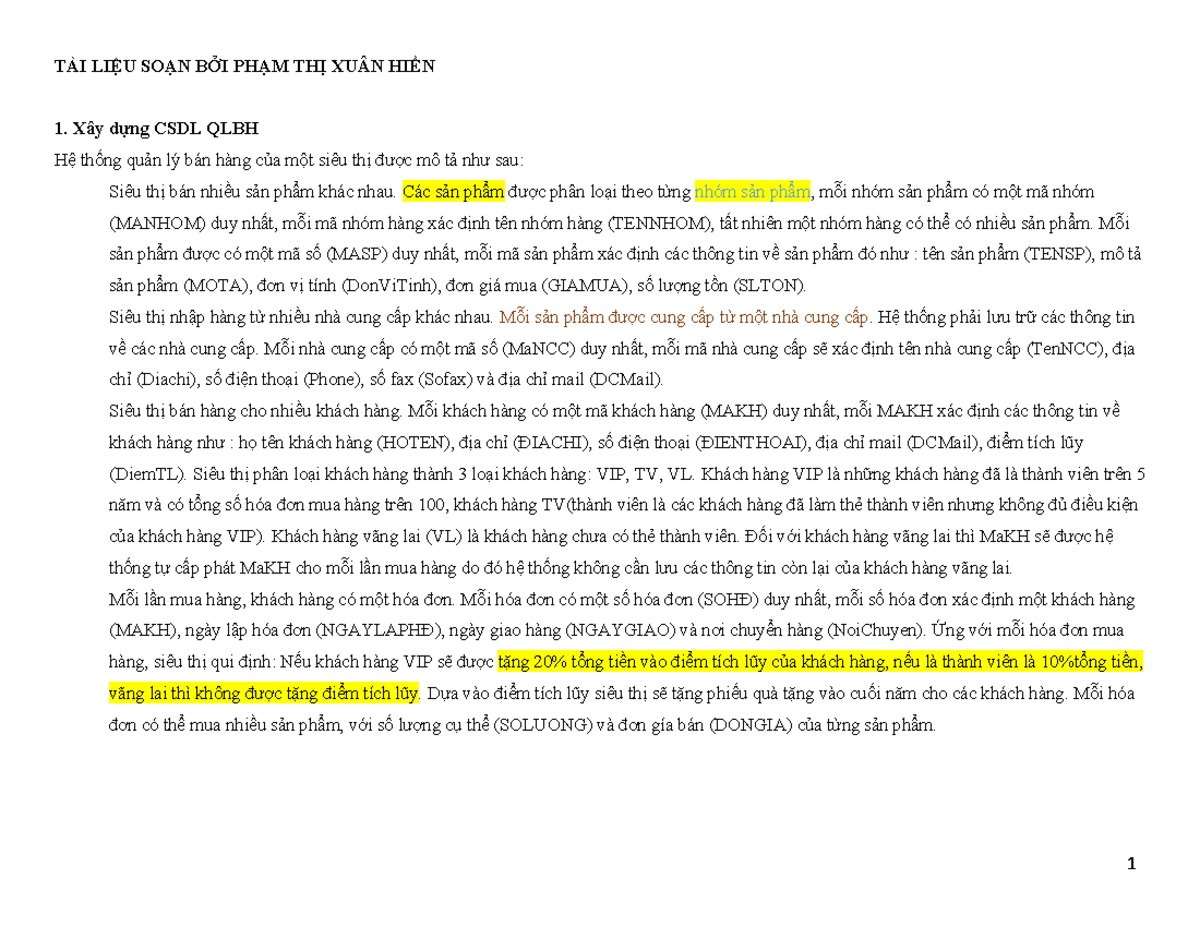 Bài Tập & Đáp Án Mô Hình ER và MHQH - CSDL QLBH - Studocu