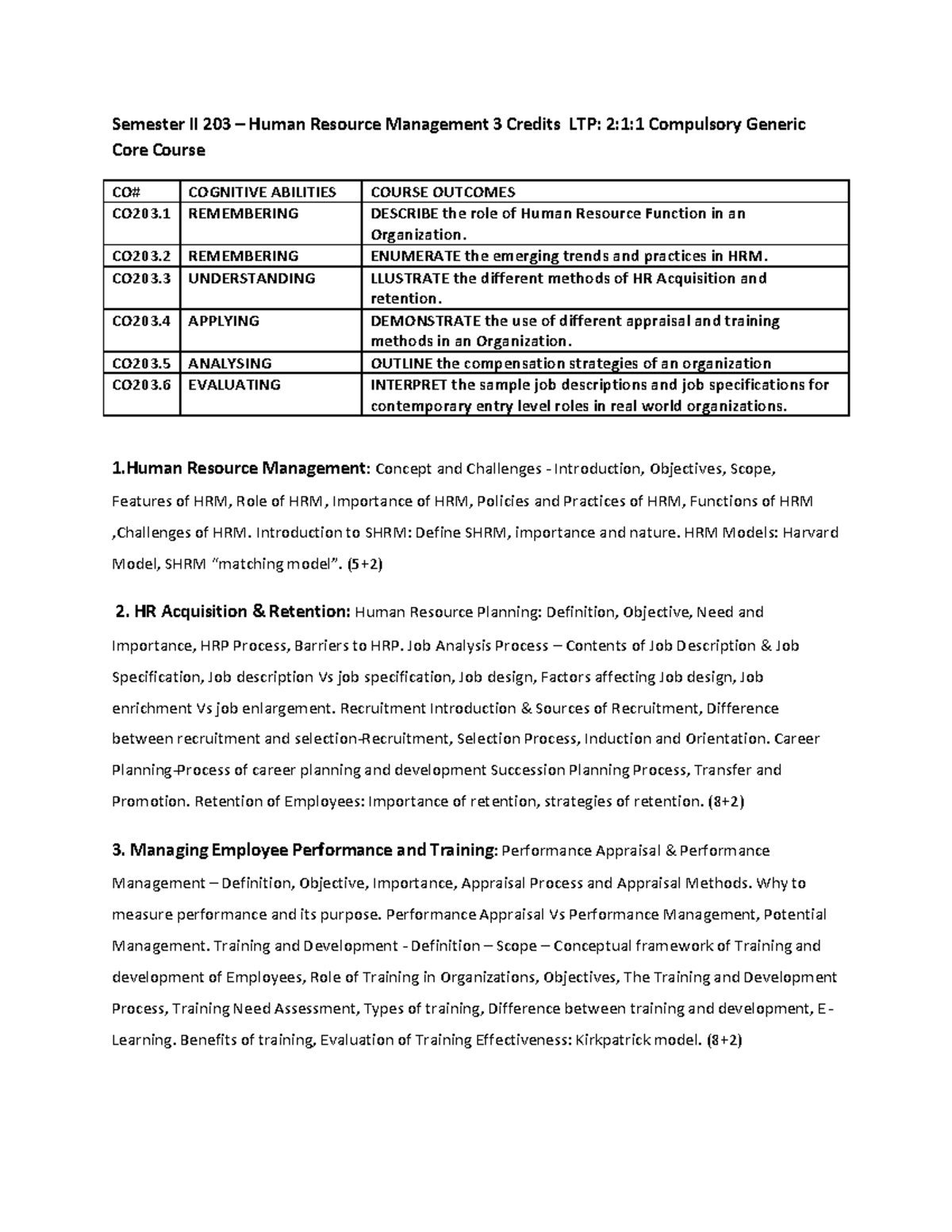 203 HRM Syllabus - HRM - Semester II 203 – Human Resource Management 3 Credits LTP: 2:1:1 ...