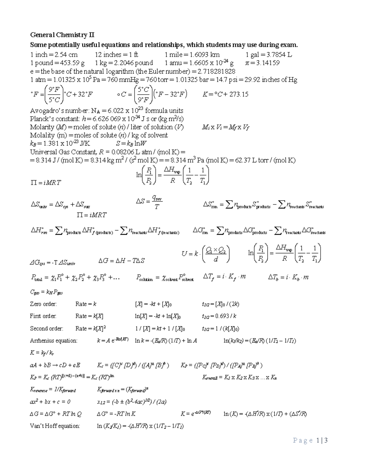General Chemistry II: Essential Equations & Constants for Exam Prep ...