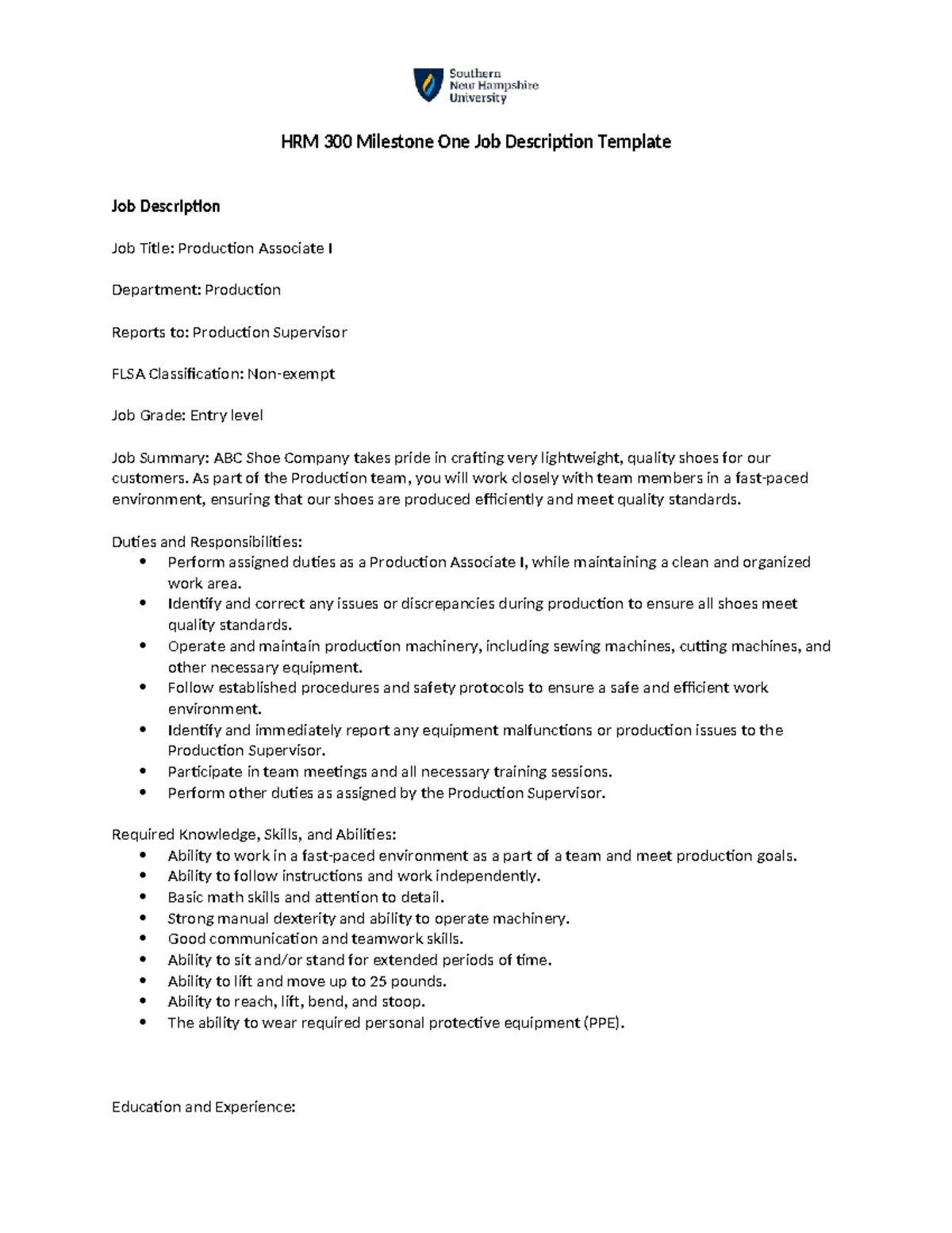 HRM 300 Milestone One: Production Associate I Job Description - Studocu
