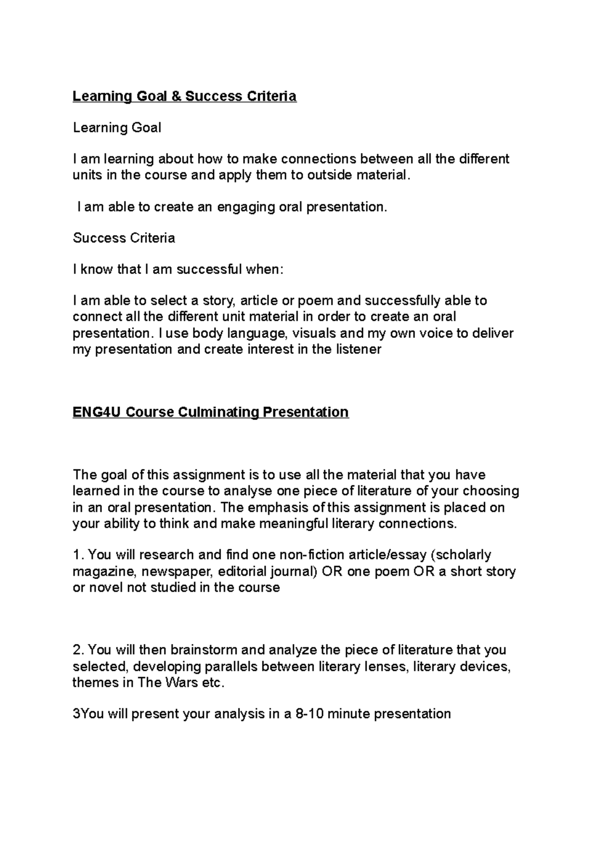 ENG4U-2 Final Summative Assignment: Oral Presentation Guidelines - Studocu