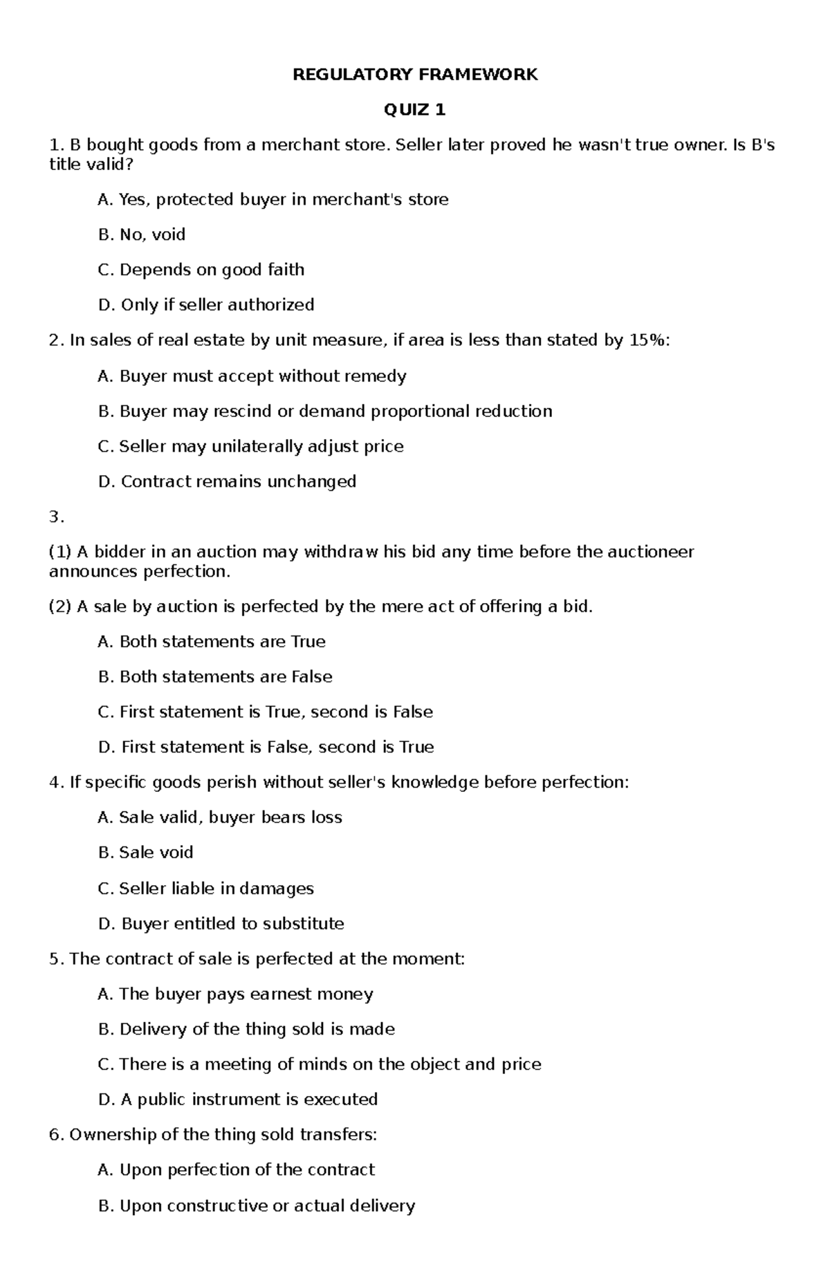 REGULATORY FRAMEWORK QUIZ 1: Prelims Questions and Answers - Studocu