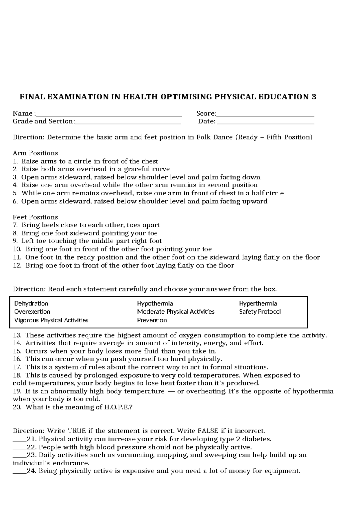 FINAL EXAM: HEALTH OPTIMISING PHYSICAL EDUCATION 3 - Studocu