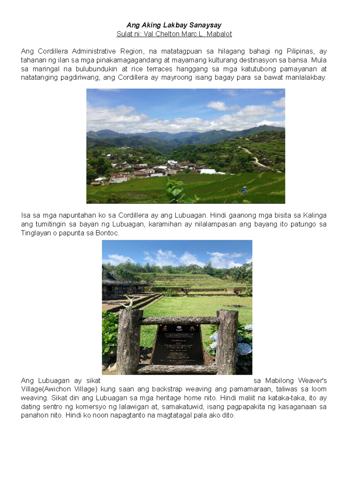 Ang Aking Lakbay Sanaysay - Ang Aking Lakbay Sanaysay Sulat ni: Val ...