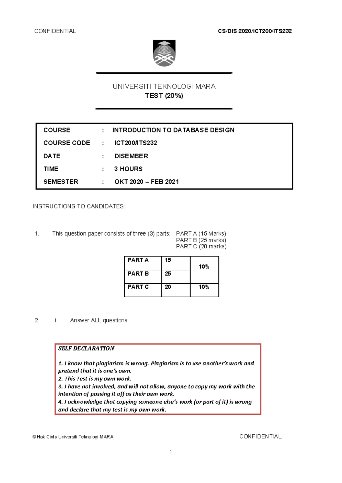 ICT200 TEST OKT-FEB 2021 question - CONFIDENTIAL CS/DIS 2020/ICT200/ITS ...