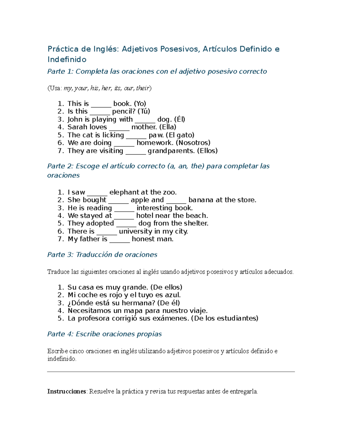 Práctica de Inglés: Adjetivos Posesivos y Artículos Definidos e ...