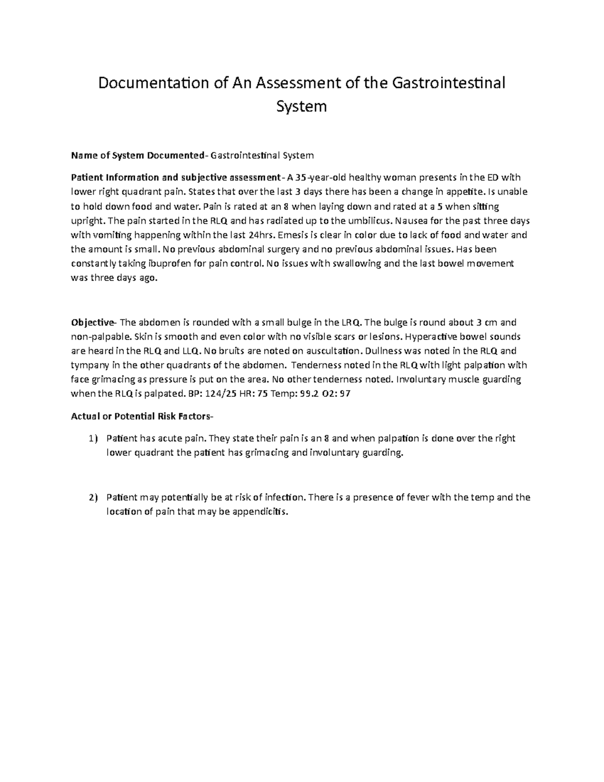 Gastrointestinal Assessment Documentation for Patient Evaluation - Studocu