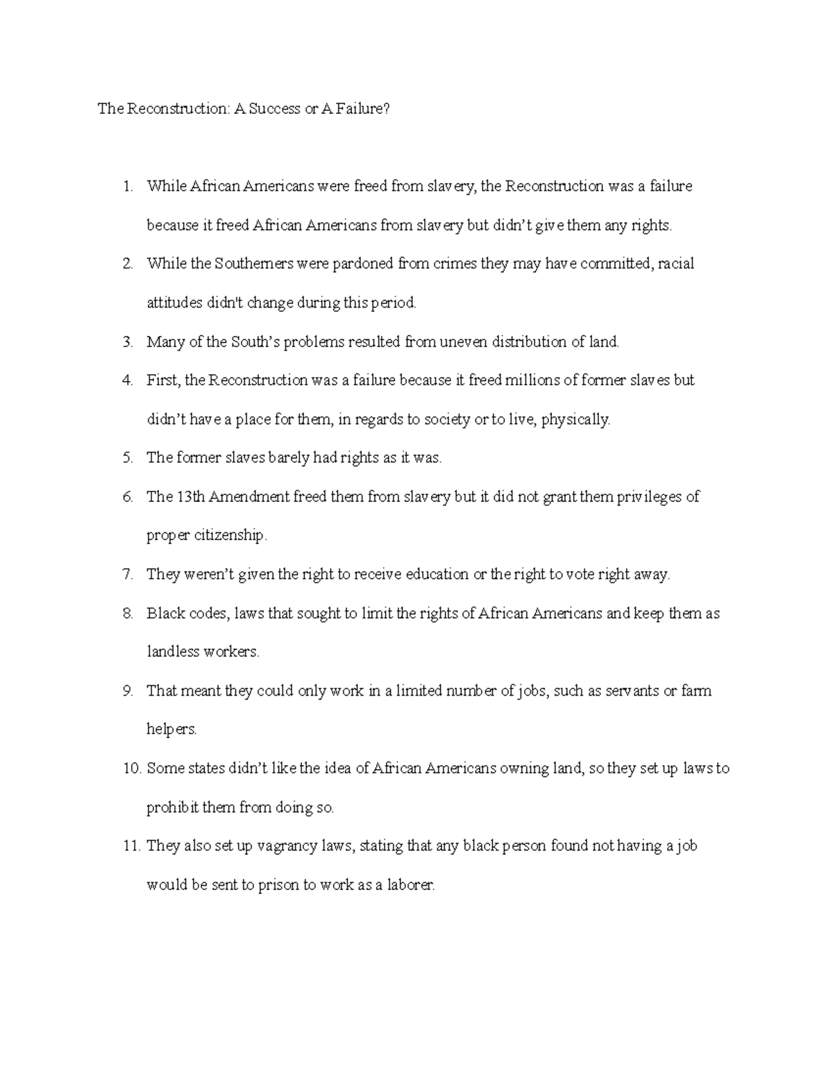 Reconstruction Notes: Successes and Failures Analysis - Towson Univ ...