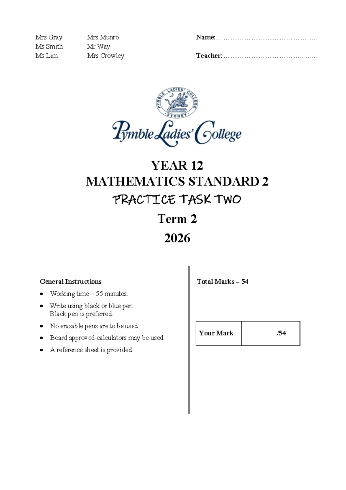 2026 Year 12 Mathematics Standard 2 Practice Task Two - Studocu