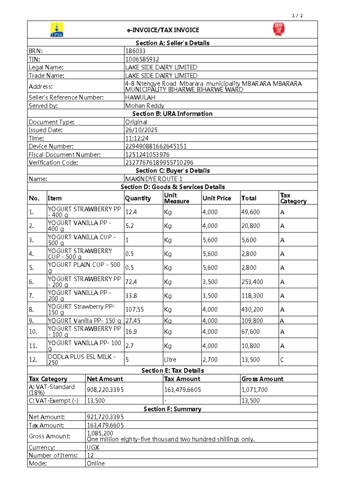 Makindye Route 1 - EFRIS Invoice Details - Studocu