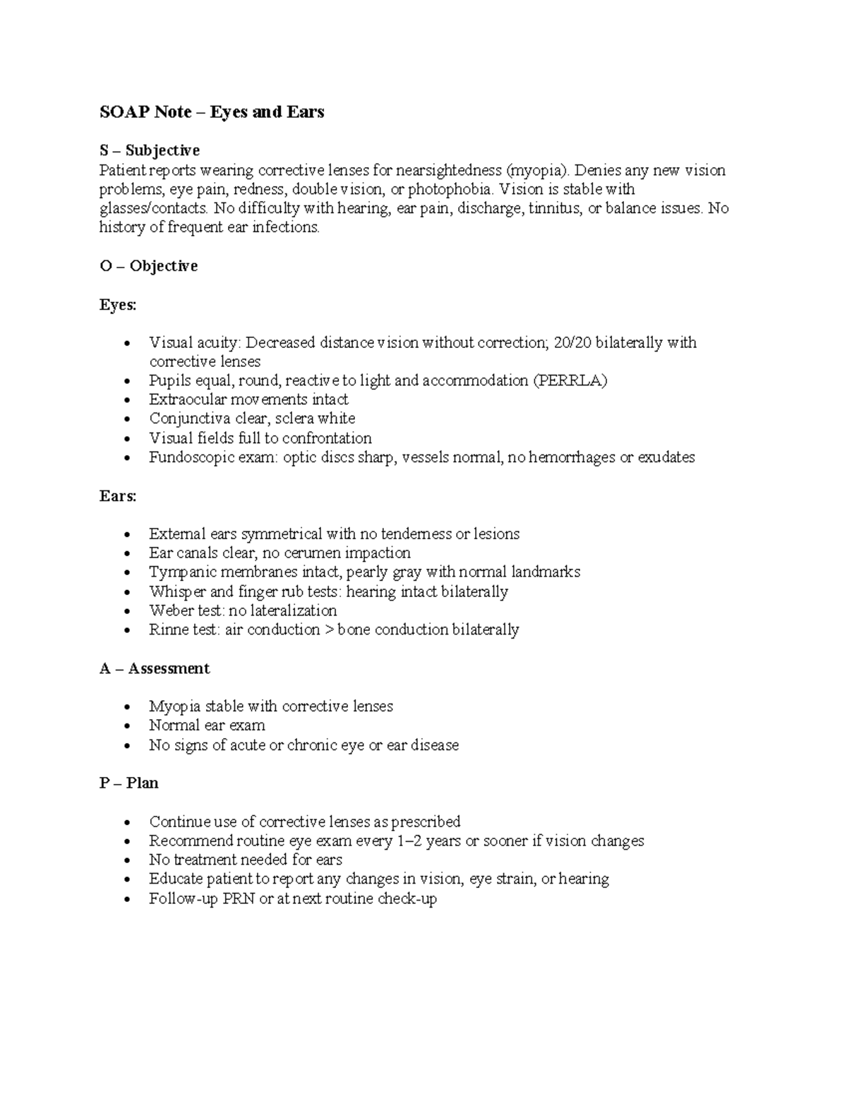 SOAP Note - Eyes and Ears Assessment & Plan - Studocu