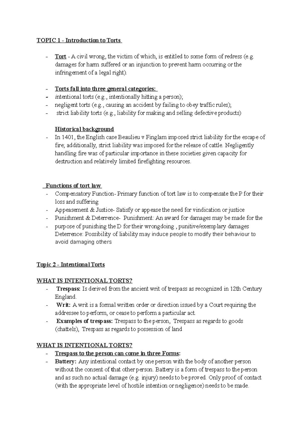 Torts Notes: T1-5 Overview of Types and Defenses in Tort Law - Studocu