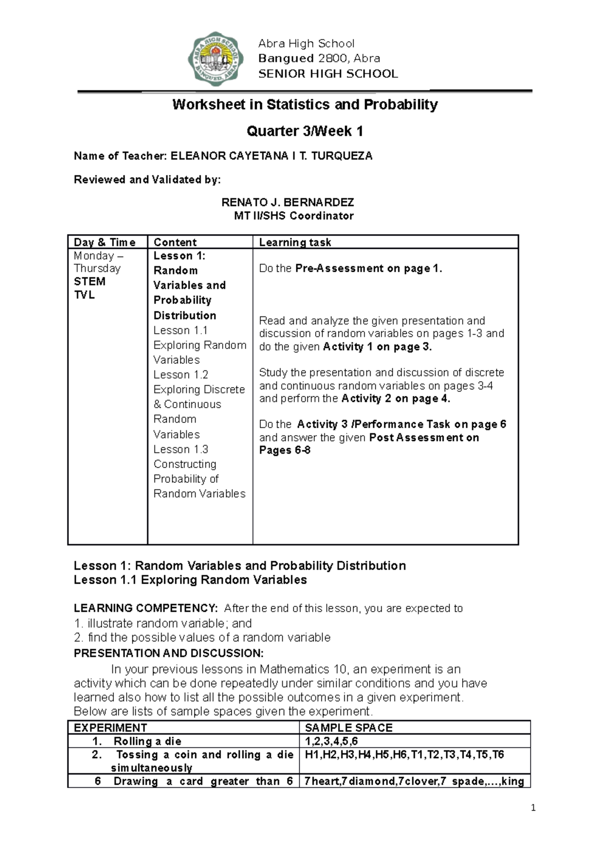 Statistics quarter 3 week 1 Grade 11 STEM - Bangued 2800, Abra SENIOR ...