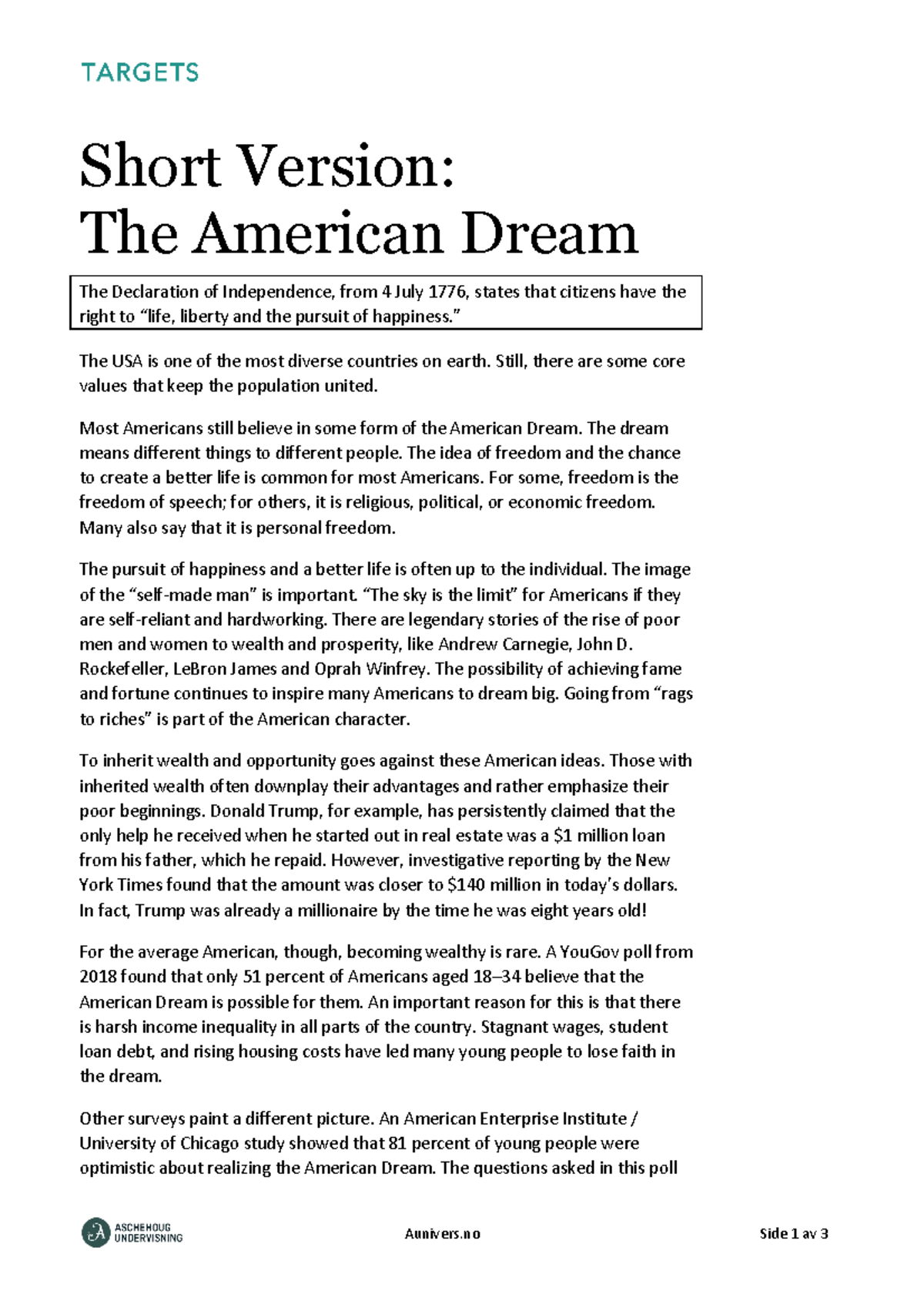 The American Dream: An Analysis of Hope and Reality PDF - Studocu