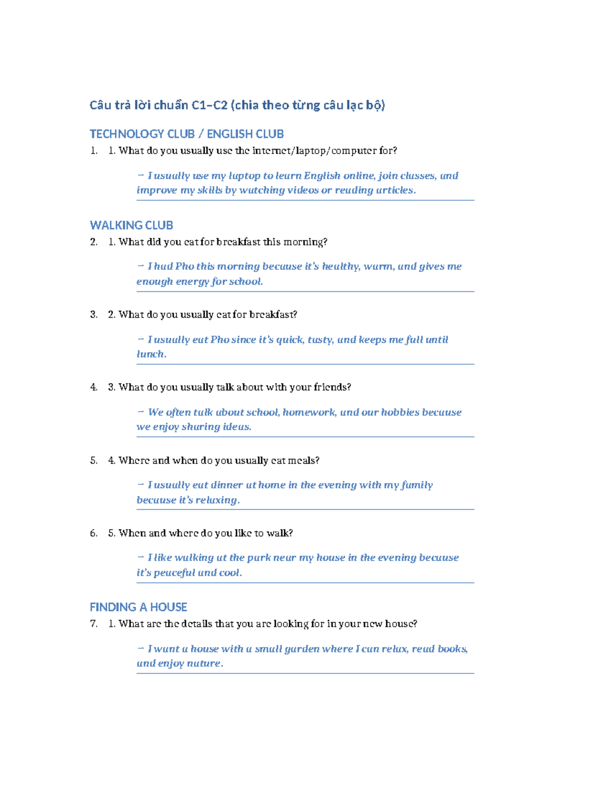 C1 C2 Speaking Answers by Topic: Club Activities and Interests - Studocu