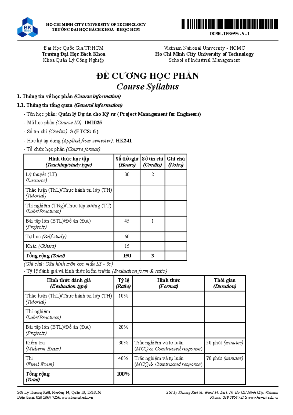DCMH.IM1025 - Course Syllabus for Project Management for Engineers ...