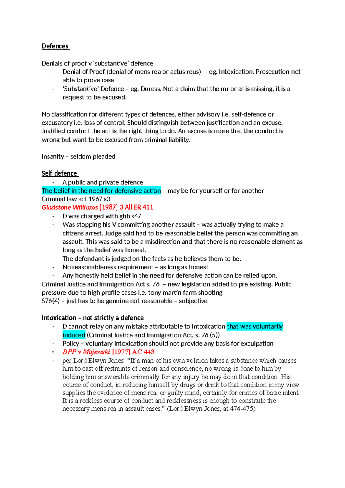 Defences lecture - Defences Denials of proof v ‘substantive’ defence ...