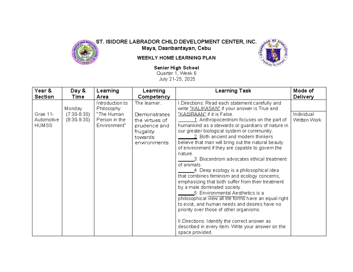 WHLP Q1 Week 6 2025-2026: Senior High School Learning Plan - Studocu