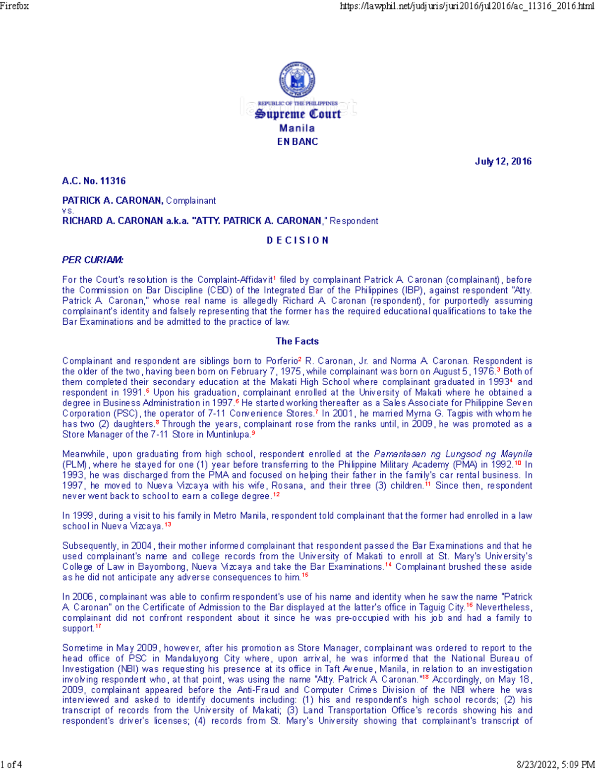 A.C. No. 11316 - Decision on Identity Theft Complaint Against Atty ...