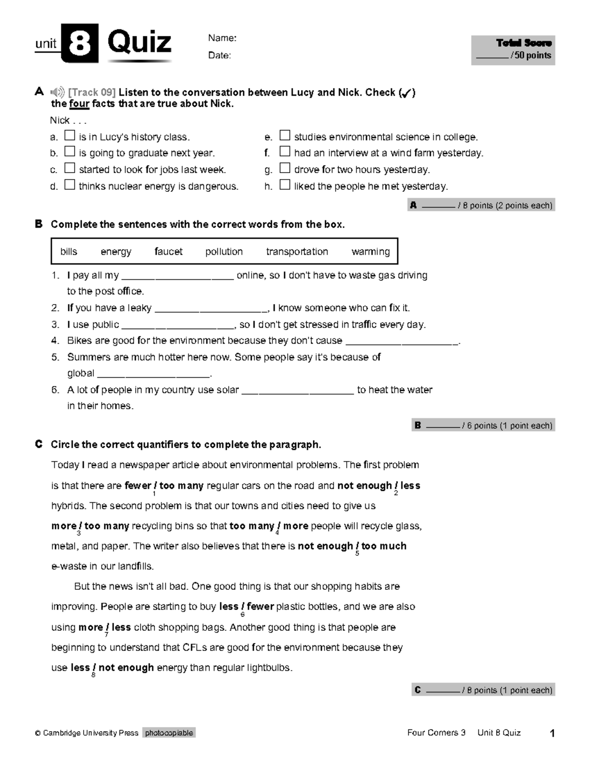 Quiz 1 & 2: Four Corners 3 Unit 8 Test on Environmental Issues - Studocu
