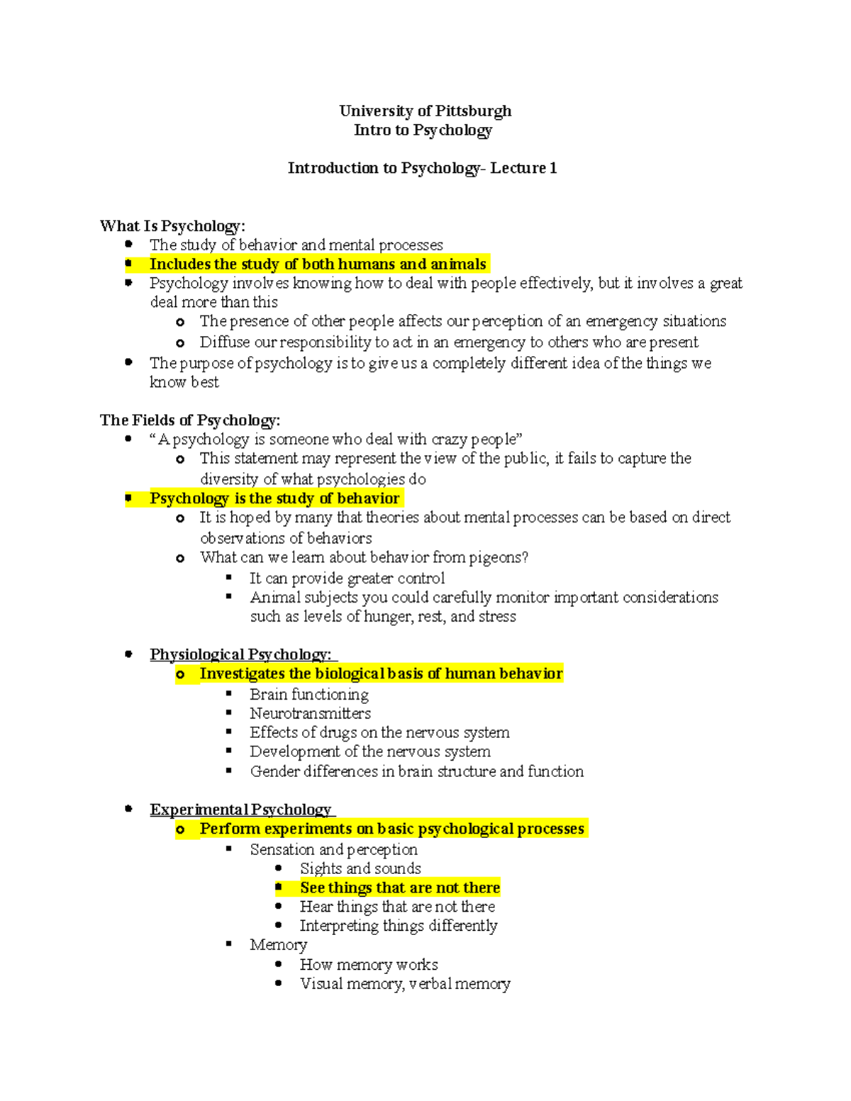 Introduction to Psychology- Lecture 1 - University of Pittsburgh Intro ...