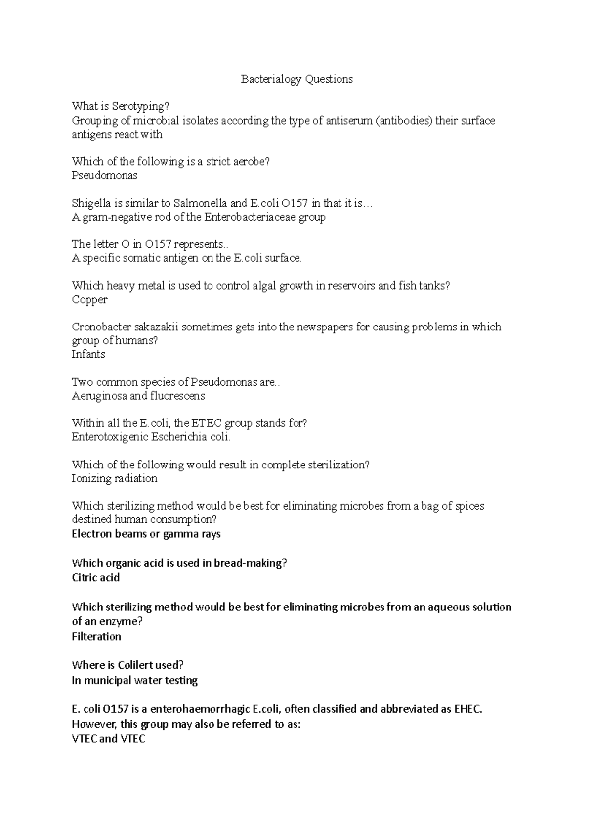 Exam 1 April 2019, questions and answers - Bacterialogy Questions What ...