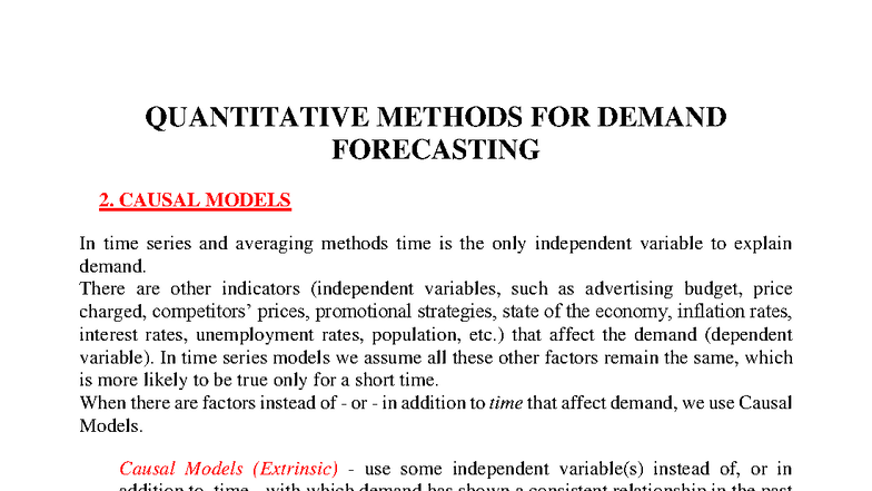 QUANTITATIVE METHODS FOR DEMAND FORECASTING 2: CAUSAL MODELS - Studocu
