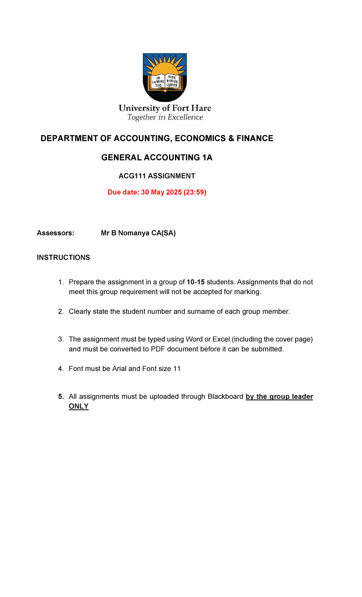 ACC 1A Assignment Guidelines & Bank Reconciliation Tasks Due 30 May ...