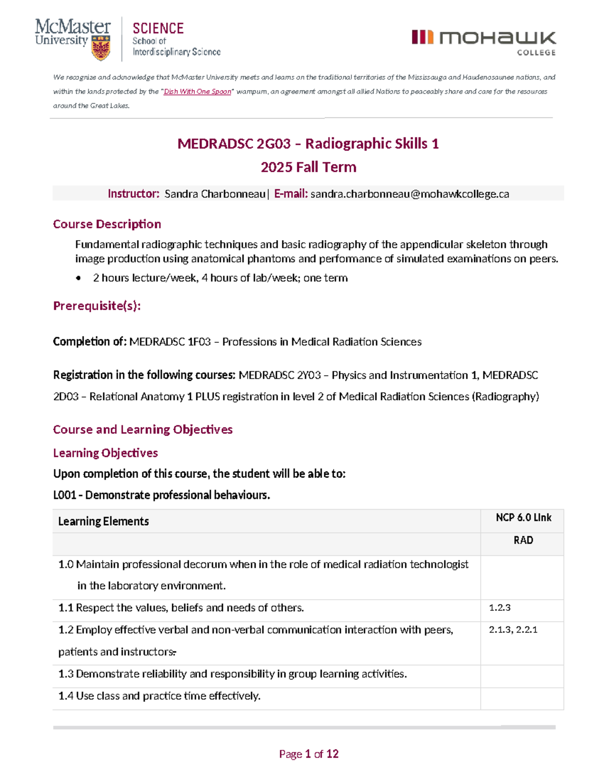 MEDRADSC 2G03 - Radiographic Skills 1 Course Outline - Fall 2025 - Studocu