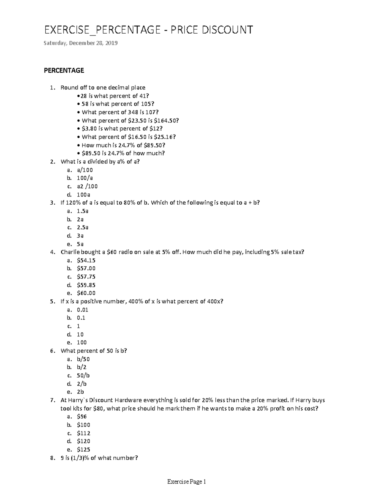 Exercise Percentage - Price Discount - •28 is what percent of 41? 58 is ...