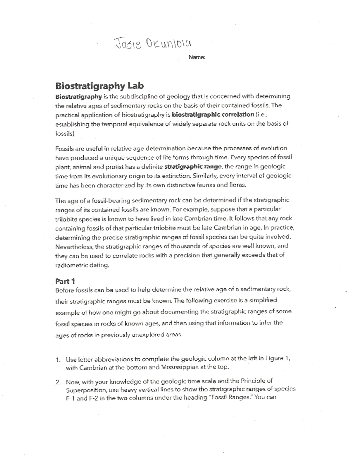 Biostratigraphy Lab - Fossil Analysis Assignment (Course Code: BIO101 ...