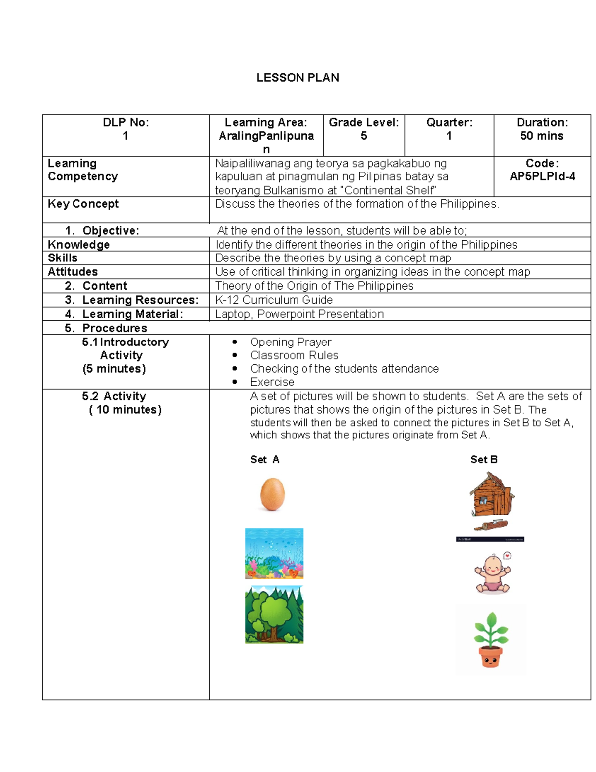Lesson Plan - Aralin Panlipunan Grade 5 - Theories of Philippine ...