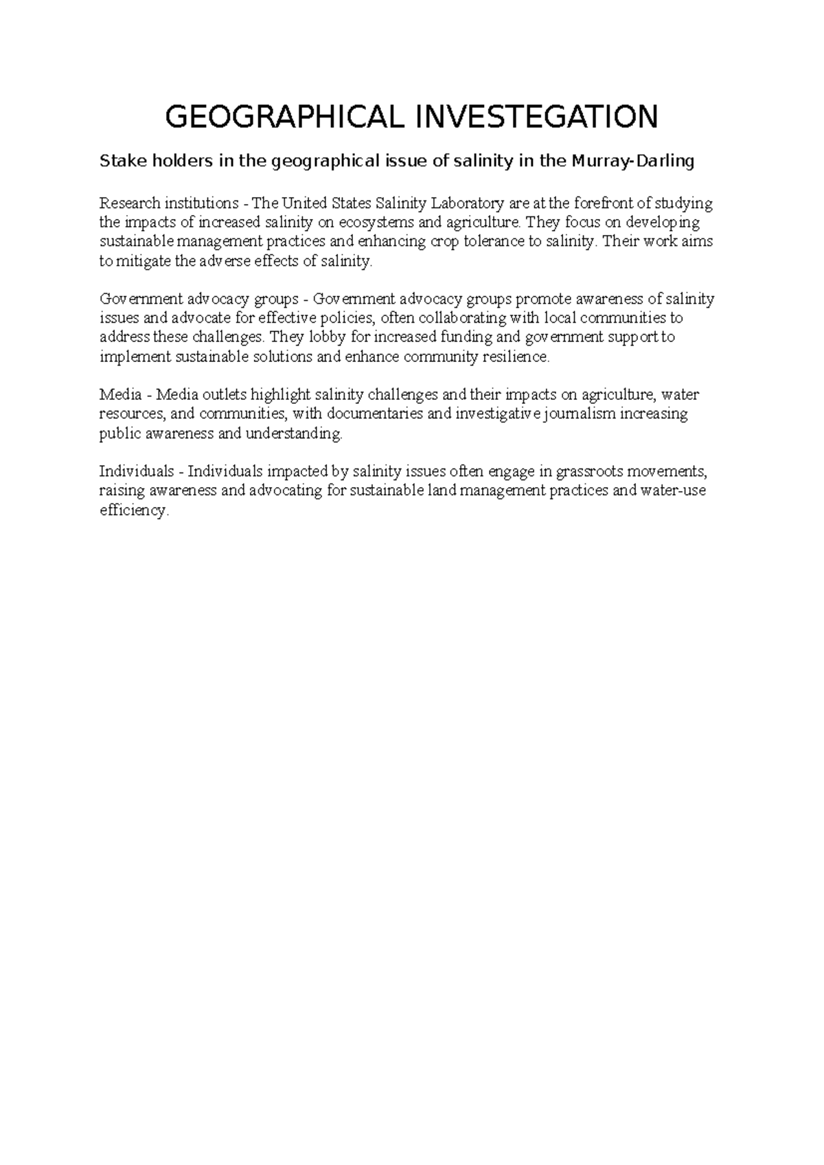 Geographical Investigation: Stakeholders in Salinity Issues - Studocu