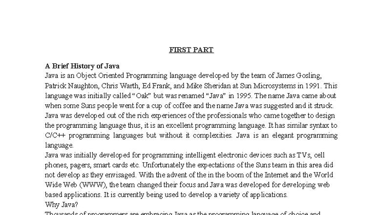 JAVA COM 123: A Brief History of Java Programming - Studocu
