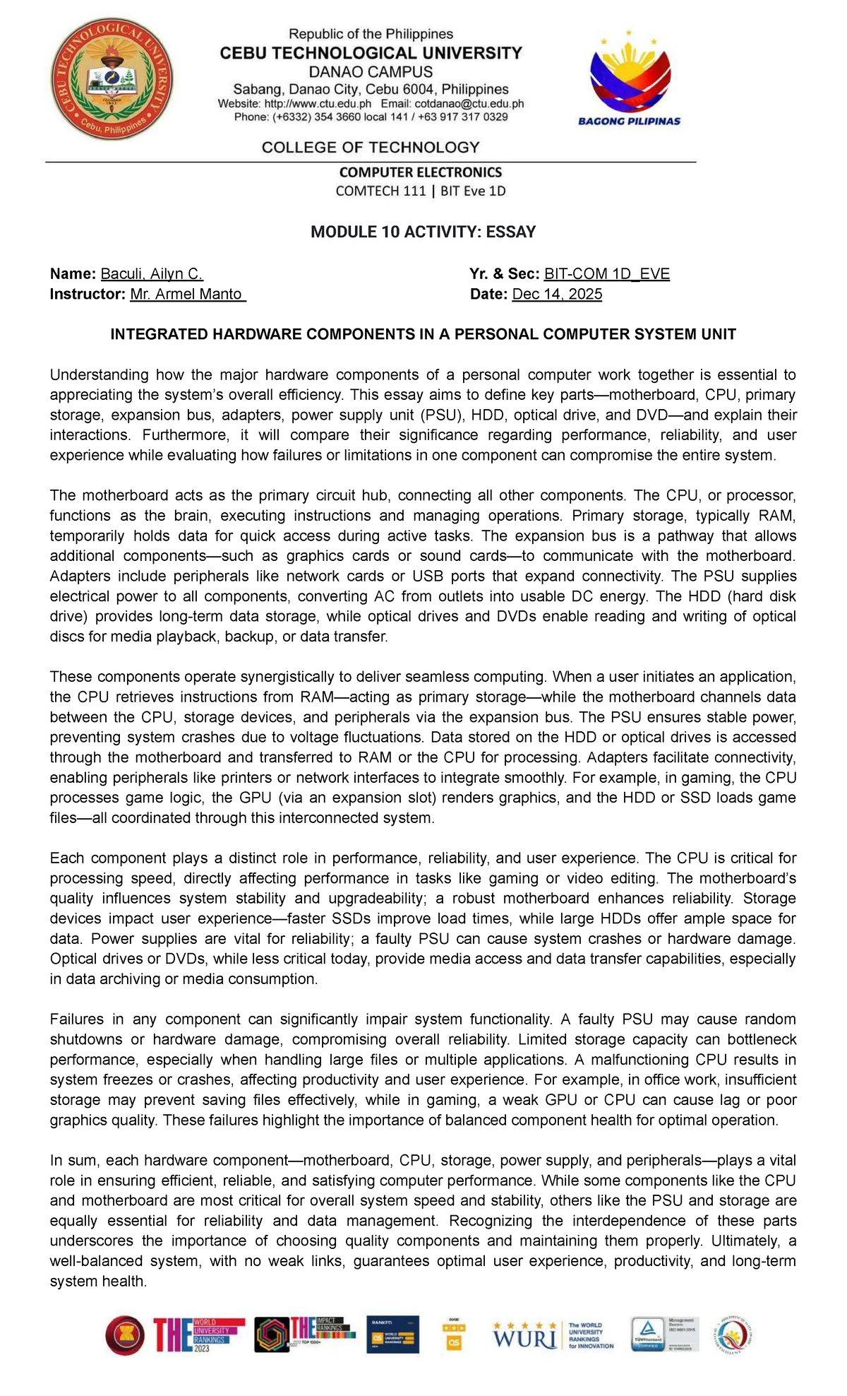 MODULE 10 ACTIVITY: ESSAY ON PC HARDWARE COMPONENTS - Studocu