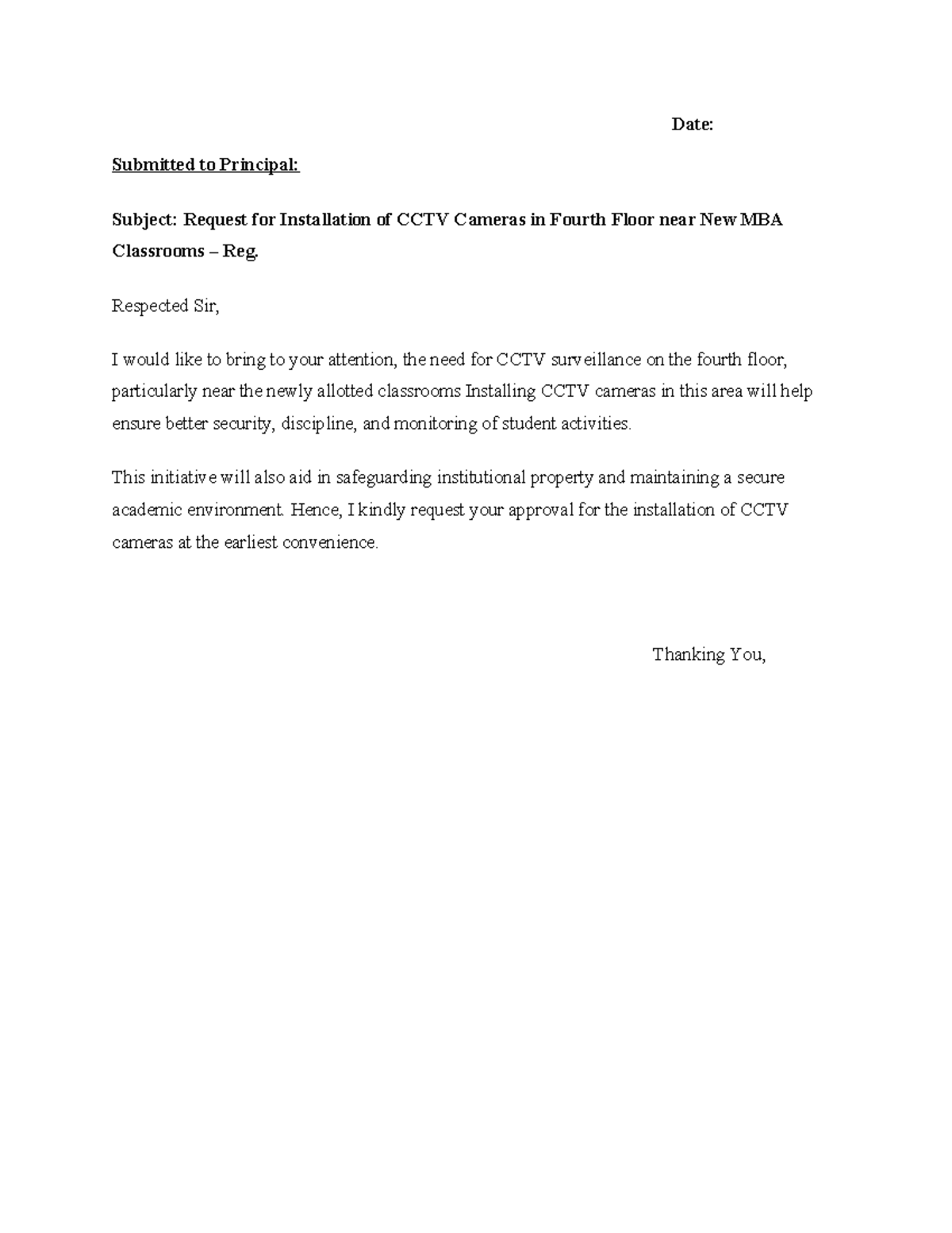 Cctv letter 2 - Date: Submitted to Principal: Subject: Request for ...