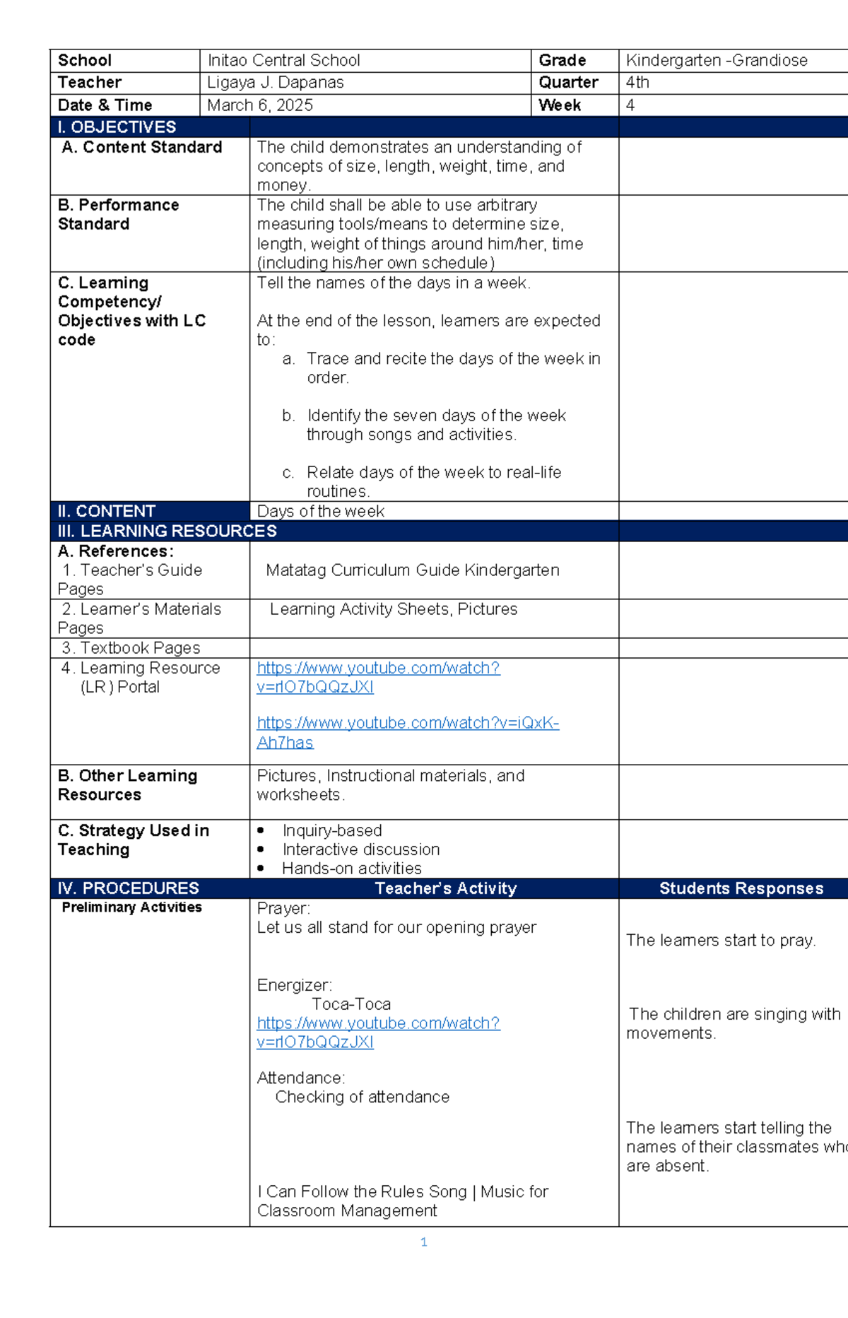 Kindergarten LP12 - Lesson Plan on Days of the Week Activities - Studocu