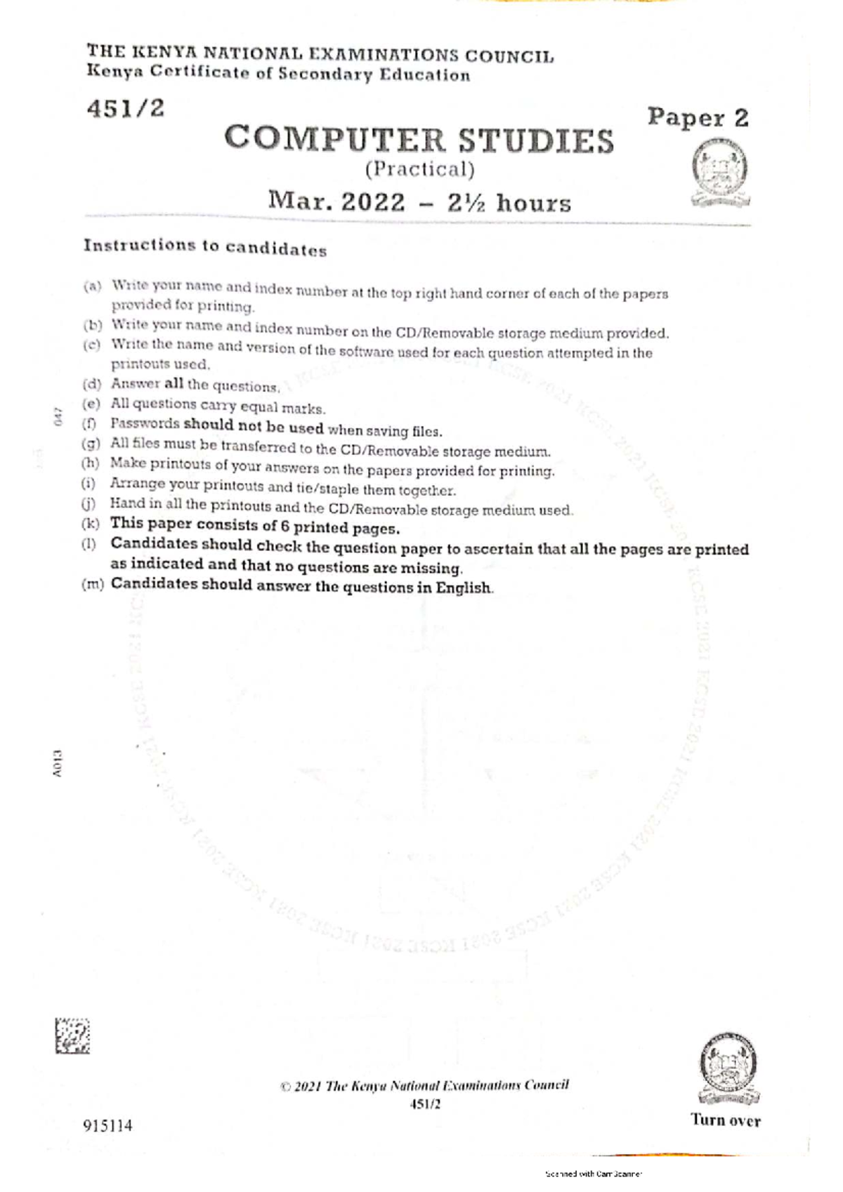 KCSE 2021 Computer Studies Paper 2 Practical Exam Instructions - Studocu