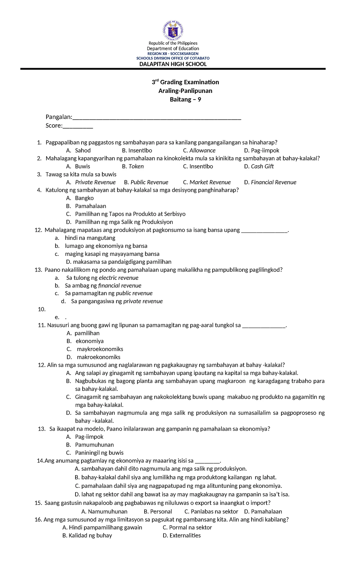 AP 3rd Grading Exam: Araling-Panlipunan Baitang 9 - Studocu