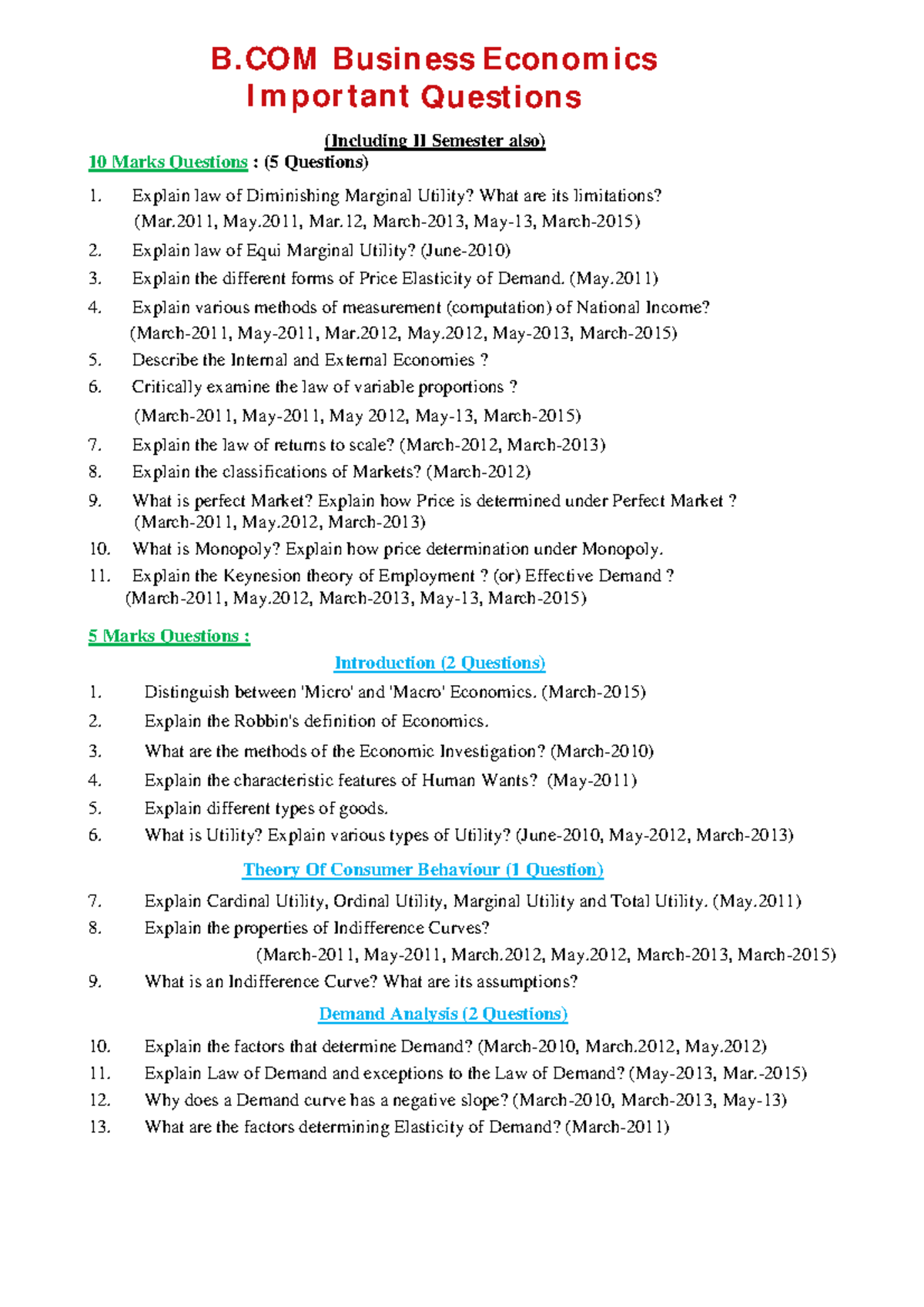 B.COM 1st Year Economics Complete Important Questions Guide - Studocu