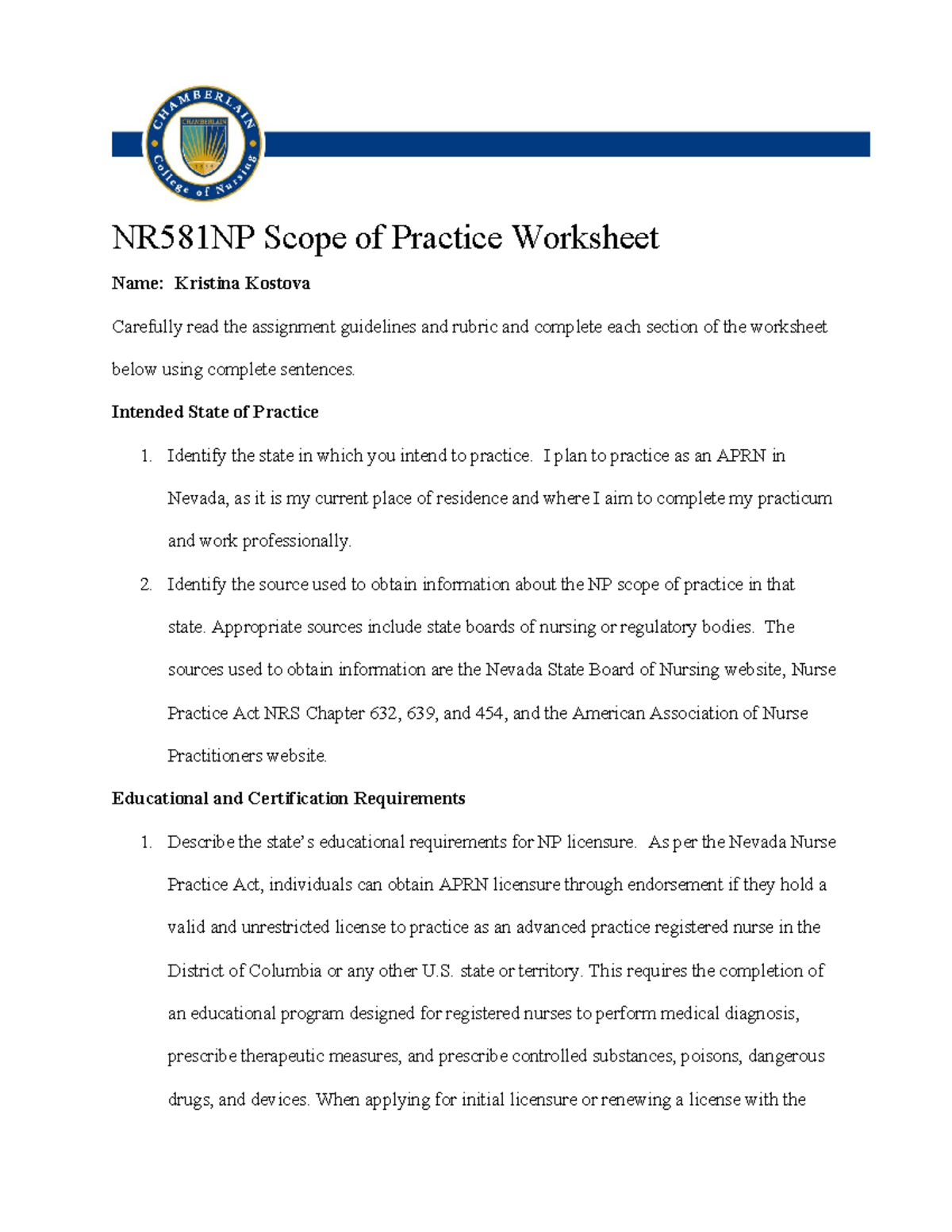 NR581NP Scope of Practice Worksheet for APRN in Nevada - Studocu