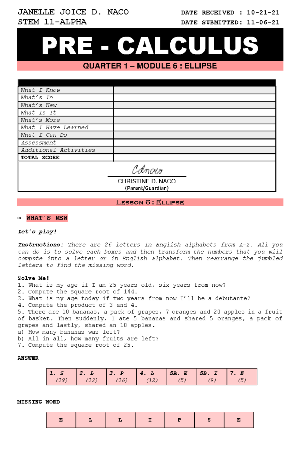 Naco Pre Calculus Q1 M6 Ellipse Stem 11 Alpha Date Submitted 11 06 Pre Calculus Quarter 1