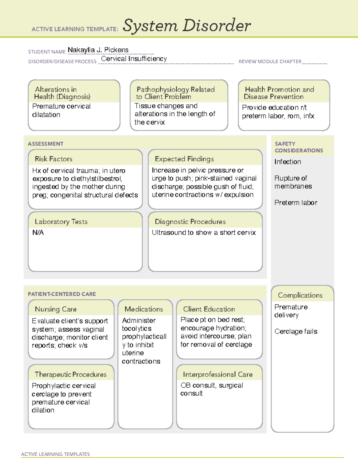 Cervical Insufficiency: Active Learning Template for Nursing Care - Studocu