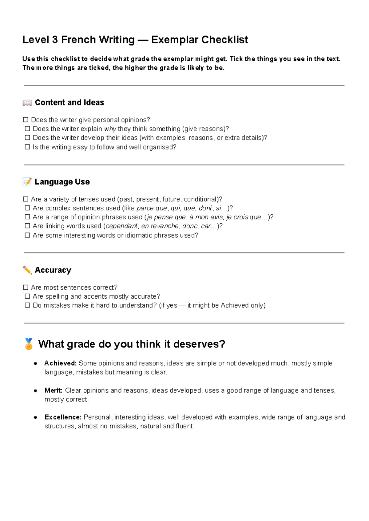 Level 3 French Writing Exemplar Checklist for Grading - Studocu