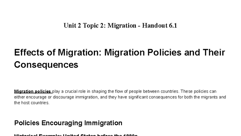 Unit 2 Topic 2: Migration - Effects of Policies on Immigration - Studocu