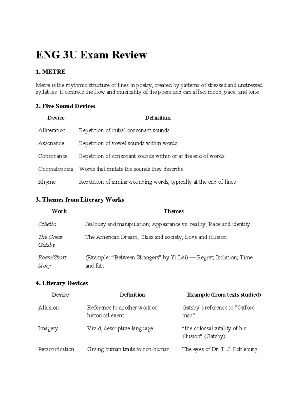 ENG 3U Final Exam Review: Poetry, Sound Devices, and Themes - Studocu