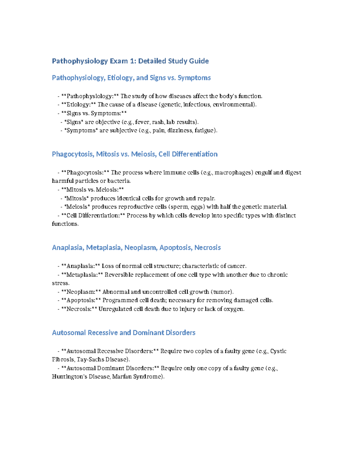 Pathophysiology Exam 1 Study Guide: Key Concepts and Disorders ...