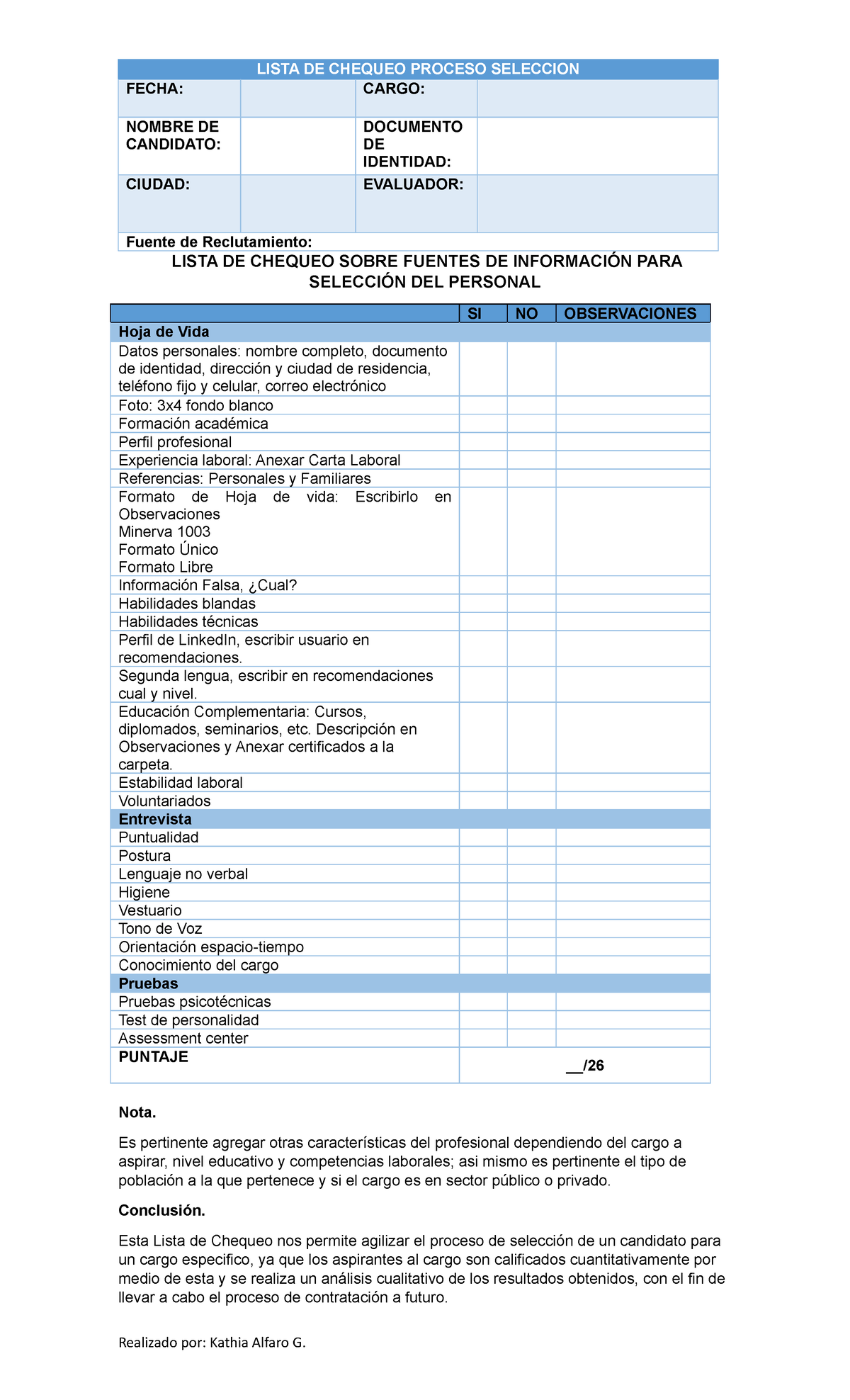 Lista de Chequeo para Proceso de Selección de Personal - Studocu