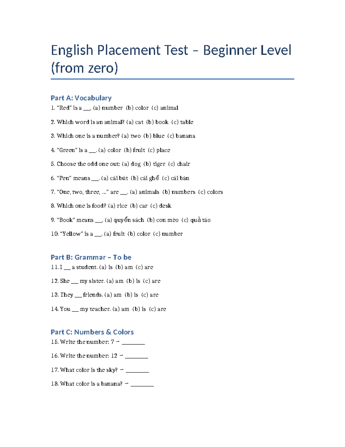 Beginner English Placement Test - 222: Vocabulary & Grammar - Studocu