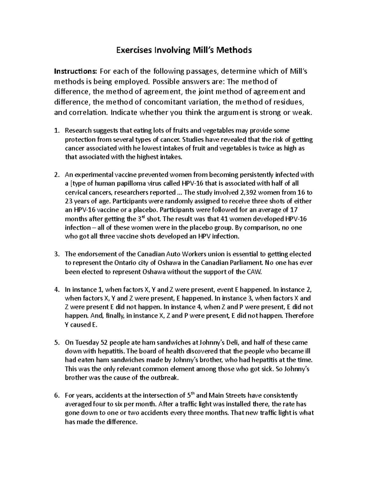 Exercises on Mill's Methods - Exercises Involving Mill’s Methods ...